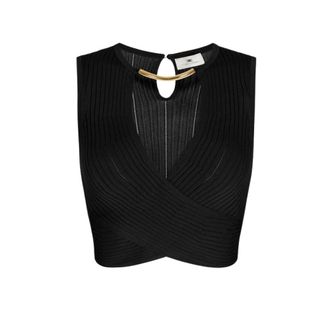 Elisabetta Franchi Femme, Tops, Noir, Taille: 42 FR Knit Top with Jewel Detail
