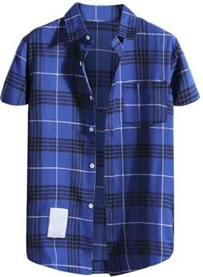 Generic Chemise &agrave; manches courtes pour homme, chemise &agrave; carreaux grande taille, chemise d&eacute;t&eacute; l&eacute;g&egrave;re, haut &agrave; carreaux &agrave; revers respirant, haut boutonn&eacute; r&eacute;tro, 