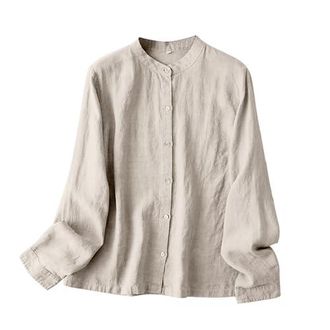Generic Blouses pour femme &agrave; manches longues, chemises en coton pour femme, chemises d&eacute;contract&eacute;es &agrave; col rond, col mandarin, haut ample &agrave; boutons, &eacute;l&eacute;gant car