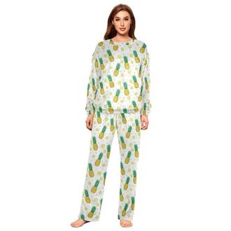 Alaza Ensemble de pyjama 2 pièces en polaire pour femmes - Vêtement de détente à manches longues - Vêtement de nuit thermique super doux - Taille S, Ananas 