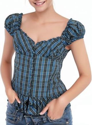 Generic T-shirt pour femme &eacute;l&eacute;gant pour femme pour les f&ecirc;tes et la vie quotidienne, haut &agrave; manches courtes avec boutons pour les f&ecirc;tes de la bi&egrave;re, bleu, M