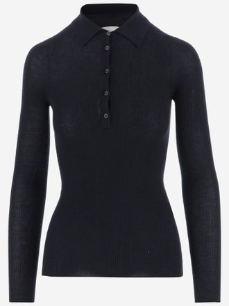 SA SU PHI Womens Knitted Polo Shirt Dark Navy Cashmere Tops