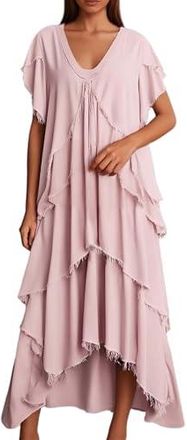 Generic Robe amincissante en lin pour femme - Manches courtes - Col en V - Grande taille - D&eacute;contract&eacute;e - Longue plage, gris, XXL