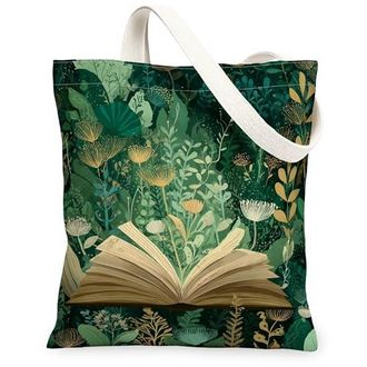 Generic Sacs fourre-tout en toile motif floral avec motif de plantes vertes, sacs d&eacute;picerie r&eacute;utilisables, vintage, l&eacute;gers et lavables avec bandouli&egrave;re, vert,