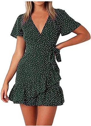 Generic Robe boh&egrave;me &agrave; volants pour femme - Col en V - D&eacute;contract&eacute;e - Manches courtes - &Agrave; lacets - 2026, Vert, S