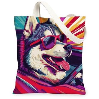 Generic Alaskan Malamutes Sac fourre-tout en toile r&eacute;utilisable pour faire du shopping 33 x 38,1 cm, motif chiot funky pop pour femme, animal de compagnie, pl