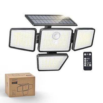 Philips lampe Solaire de Sécurité Extérieur, 196 LED avec Détecteur de Mouvement PIR, 3 Modes, 4 Têtes Orientables, Projecteur à Énergie Solaire avec Télécomm