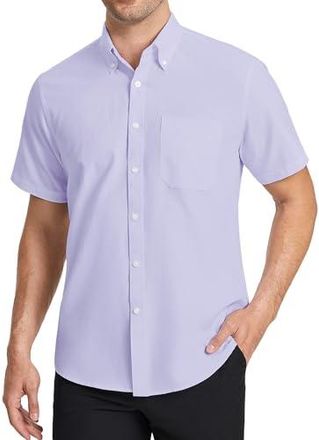 Hisdern Chemise Oxford Sans Repassage À Manches Courtes Homme Lilas Classique Coupe Régulière Chemisette Manch Courte Uni pour Homme avec Poche