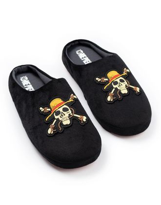 OnePiece Schwarze Pantoletten mit Logo | Hausschuhe f&uuml;r Herren | Cartoon-Charakter-Design | Bequeme Loungewear | Einfach zum &Uuml;berziehen | Perfekt zum Entspanne