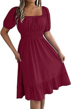 Generic Robe noire festive pour femme - Style printanier - Style &eacute;l&eacute;gant - Style vacances - Couleur unie - Avec manches bouffantes, rouge, XXL