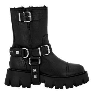 Philipp Plein Femme, Chaussures, Bleu, Taille: 37 EU Leather Biker Bottes Studs
