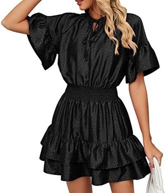 ORANDESIGNE Mini Robe Tunique Femme,Sexy Mousseline de Soie Manche Longue T-Shirt Casual Chemise Robe,Longue Haut Femme Chic et Elegant D Noir XXL