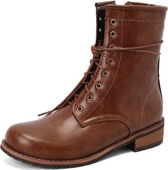 Generic Bottes de combat &agrave; lacets confortables &agrave; bout rond et talon bloc bas avec fermeture &eacute;clair lat&eacute;rale pour femme, marron, 38.5 EU