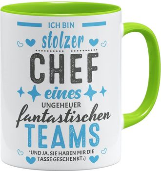 OM3 Ich bin Stolzer Chef eines ungeheuer fantastischen Teams Tasse - Keramik Becher - 11oz 325ml - Beidseitig Bedruckt - Hellgr&uuml;n