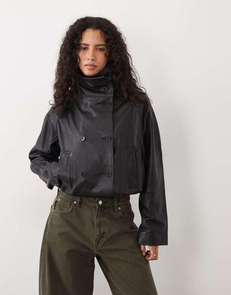 Mango veste en cuir noire &agrave; col chemin&eacute;e
