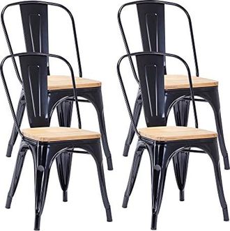Duhome Chaise de Salle &agrave; Manger Lot de 4 Chaise de Cuisine Empilable Tabouret en M&eacute;tal Si&egrave;ge avec Dossier pour Bar Caf&eacute; Salon Restaurant, Noir+Bois