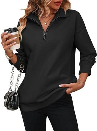 Generic Sweat-shirt zippé à épaules tombantes pour femme, demi-fermeture éclair, manches longues, couleur unie, Noir, XXL