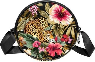 Generic Petit sac &agrave; bandouli&egrave;re rond pour femme, motif l&eacute;opard floral, avec fermeture &eacute;clair, bretelles r&eacute;glables, sac &agrave; main rond d&eacute;contract&eacute; pour femmes et 
