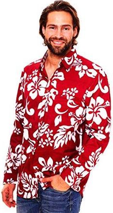 V.H.O. Funky Chemise Hawaienne, LS-Hibiscus, Rouge, M