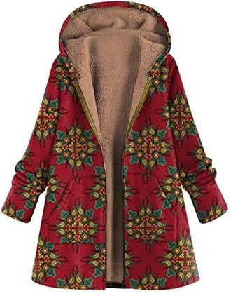 Lazzboy Femme Veste Polaire Manteau Hiver Long Grande Taille &agrave; Capuche Manche Longue Hiver Chaud Blouson Chic Vintage Boh&egrave;me Ethnique Imprim&eacute;e Veste Doublure 