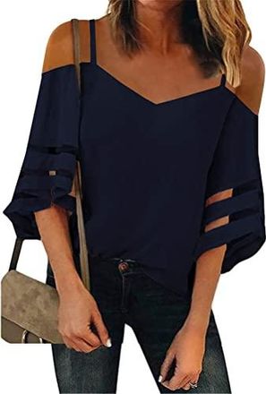 TOMWELL Blouse Femme Chemisier Manche 3/4 Trompette Top Chemise Tunique Haut Imprim&eacute; Col V en Chemise L&acirc;che Mousseline T Shirt Couleur Unie D&eacute;contract&eacute; Tops H