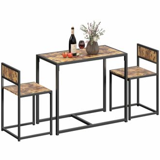 HOMCOM Esstisch- und Stuhlset 2, Esszimmergarnitur, rechteckiger platzsparender Tisch und 2 St&uuml;hle f&uuml;r kompakte K&uuml;chen, Stahlgestell, rustikales Braun