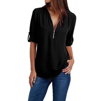 Generic Tee Shirt Femme Grandes Tailles- Haut Femme Zipp&eacute;,Tunique &Agrave; Manches Courtes Sexy Col en V Top L&acirc;che Couleurs Unies Blouses D&eacute;contract&eacute;es Respirant Con