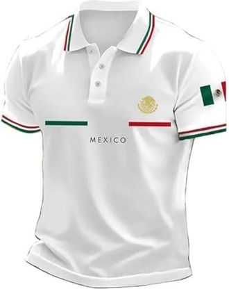 Generic Jour de lInd&eacute;pendance Mexicain Chemises Polo Col Drapeau Mexique Chemises Drapeau Mexique T-shirts imprim&eacute;s pour hommes &Eacute;t&eacute;, Blanc., XXL