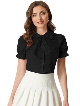 Allegra K Chemisier boutonn&eacute; en Coton &agrave; Manches Bouffantes et col Claudine pour Femmes Noir XS