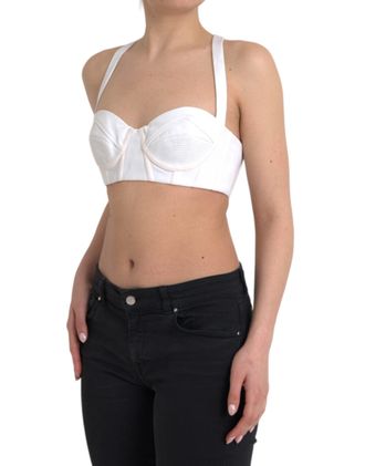 Versace Womens White Viscose Bustier Sleeveless Cropped Top Silk Nylon Elastane