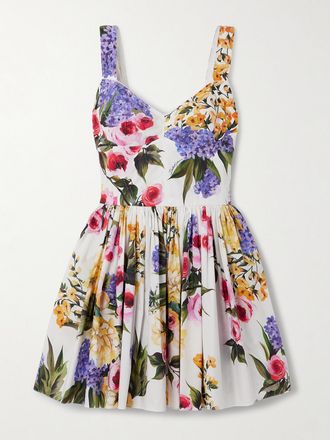 Dolce & Gabbana Mini-robe En Popeline De Coton Stretch À Imprimé Fleuri Et À Plis - Blanc
