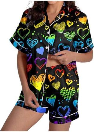 Generic Ensemble pyjama &agrave; manches courtes et col en V imprim&eacute; pour femme avec poche boutonn&eacute;e et short &agrave; manches courtes pour la Saint-Valentin 2026, Noir, XX