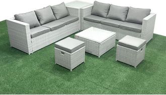 Fimous Fimous Gartenm&ouml;bel im Freien Polyrattan 8-Sitzer Rattan Garten Sofa Set mit 2 kleinen Hockern Beistelltisch Hellgrau gemischt
