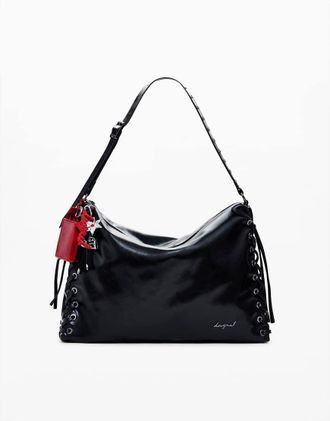 Desigual Gro&szlig;e, gl&auml;nzende Tasche in Schwarz mit Flechtdesign