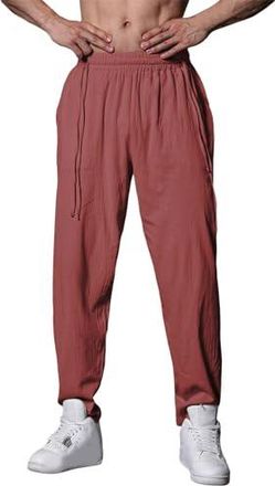 Generic Pantalon l&eacute;ger pour homme, pantalon en coton et lin, respirant et doux pour la peau, pantalon d&eacute;contract&eacute; confortable, polyvalent et couleurs unies, b