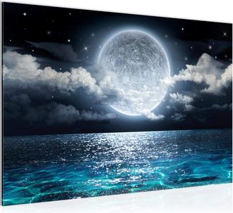 Runa Art Bild Vollmond Meer Modern Wandbilder Wohnzimmer Schlafzimmer 1 Teilig - Made In Germany - Nachthimmel Mond Blau Flur 025315a