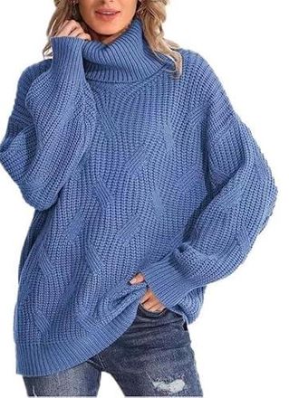 Generic Chandail en tricot &eacute;pais &agrave; col roul&eacute; pour femme, pull surdimensionn&eacute;, manches longues, pull dhiver pour femme, bleu, XL