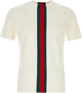 Gucci Strick-T-Shirt aus Baumwolle mit Web-Intarsien - - Tops - Herren - Wei&szlig; - M