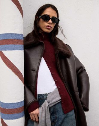 Asos Longline-Lammfelljacke mit Kunstfellfutter in Dunkelbraun
