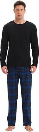 Global Homme Pyjama Flanelle Ensembles de Pyjama Homme Coton Vêtements de Nuit Haut Deux Pièces Chaud Pyjama Sets Col Rond à Manches Longues T-Shirt Noir, Pa