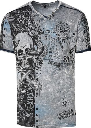 Rusty Neal Herren T-Shirt All Over Skull X Snake X Rose Print Wildleder-Band Knopf-Verzierung V-Neck Stretch Streetwear Used-Look Shirt 293, Farbe:Dunkel Grau, G