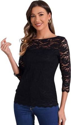 Allegra K Haut en Dentelle Florale Femme Manches 3/4 Col Rond Chemisier Décontracté Élégant Blouse en Dentelle Noir XL