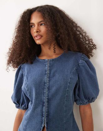 Miss Selfridge Top densemble en jean &agrave; manches bouffantes - Bleu moyen d&eacute;lav&eacute;
