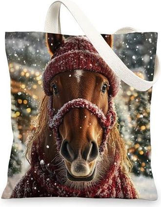 Generic Sac fourre-tout en toile motif cheval joyeux No&euml;l pour faire du shopping 33 x 38,1 cm, motif arbre de No&euml;l paysager, sac d&eacute;picerie r&eacute;utilisable pour f