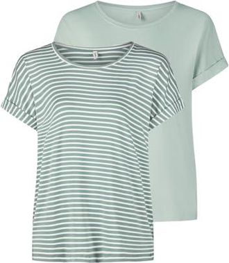 Only Only MOSTER Lot de 2 t-shirts basiques à col rond pour femme - Manches courtes - Coupe droite - Rayures - Bleu, rose, vert, noir - Tailles XS, S, M, L