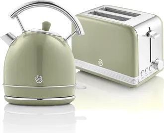 SWAN Retro Set Frühstückswasserkocher 1,8L Kabelloser Wasserkocher mit Edelstahl-Heizelement, 2 Scheiben Breitschlitz-Brottoaster, 6-Stufiger Toastregler, 