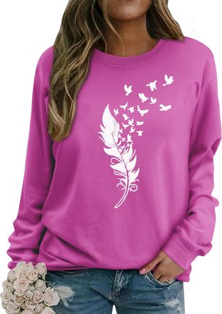 Dresswel Pullover Damen Feder Drucken Sweatshirt Langarmshirt Rundhals Langarm Shirts Herbst Winter Pulli Tops Oberteile Bluse(3-Rosy, 2XL)