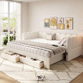 Elbe Canap&eacute;-Lit M&eacute;ridienne Extensible 90-180x200 cm - Avec 2 Tiroirs de Rangement et Port USB - Tissu Lin Beige