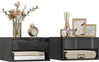HOMCOM Set aus 2 Wandnachttischen, h&auml;ngende Nachttische mit Schublade, offenem Fach, Ablagefl&auml;che, modernem Design, 37 x 32 x 21 cm, schwarz