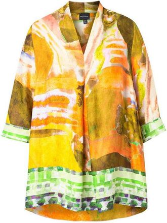 Ulla Popken Longbluse Satinbluse Bord&uuml;ren A-Linie Kelchkragen 3/4-Arm